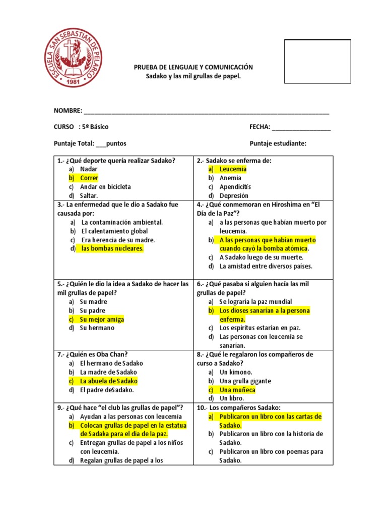 Sadako y Las Mil Grullas de Papel - Respuestas | PDF