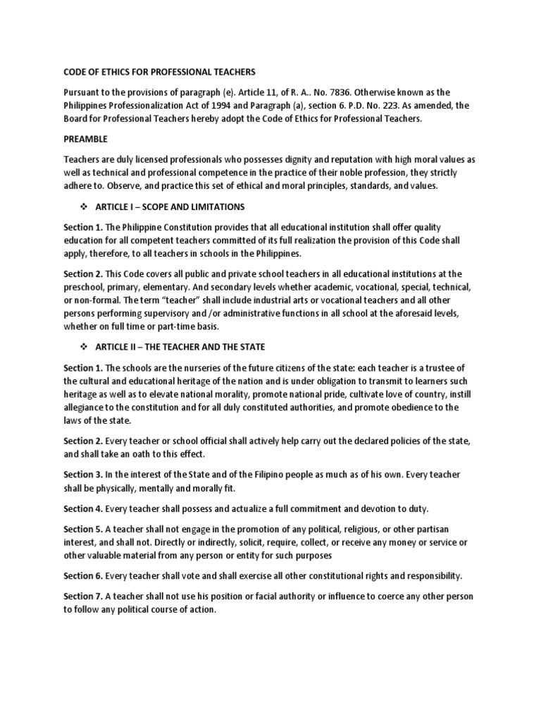 Code of Ethics For Professional Teachers Activity | PDF