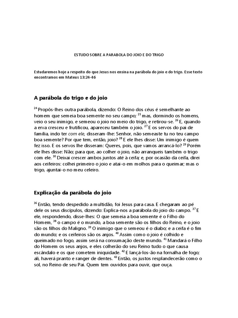 Estudo da Parábola do Joio e Trigo | PDF | Jesus | O Reino de Deus