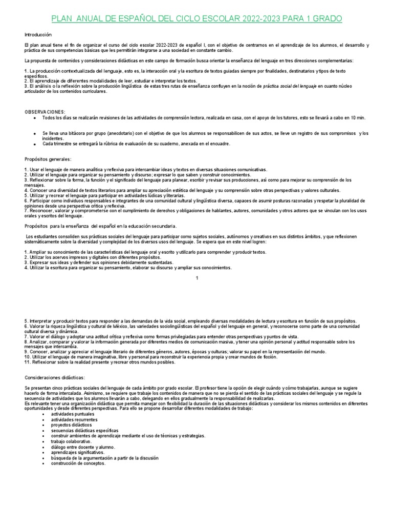 Plan Anual Español 1 Sec 2022-23 | PDF