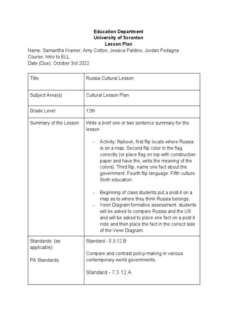 Russia Lesson Plan - Ell | PDF | Flashcard | Learning