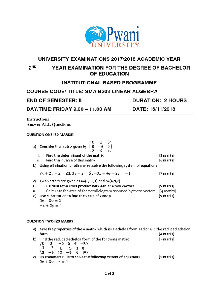 Sma b203 Linear Algebra I Exam Ib | PDF | Matrix (Mathematics) | Algebra