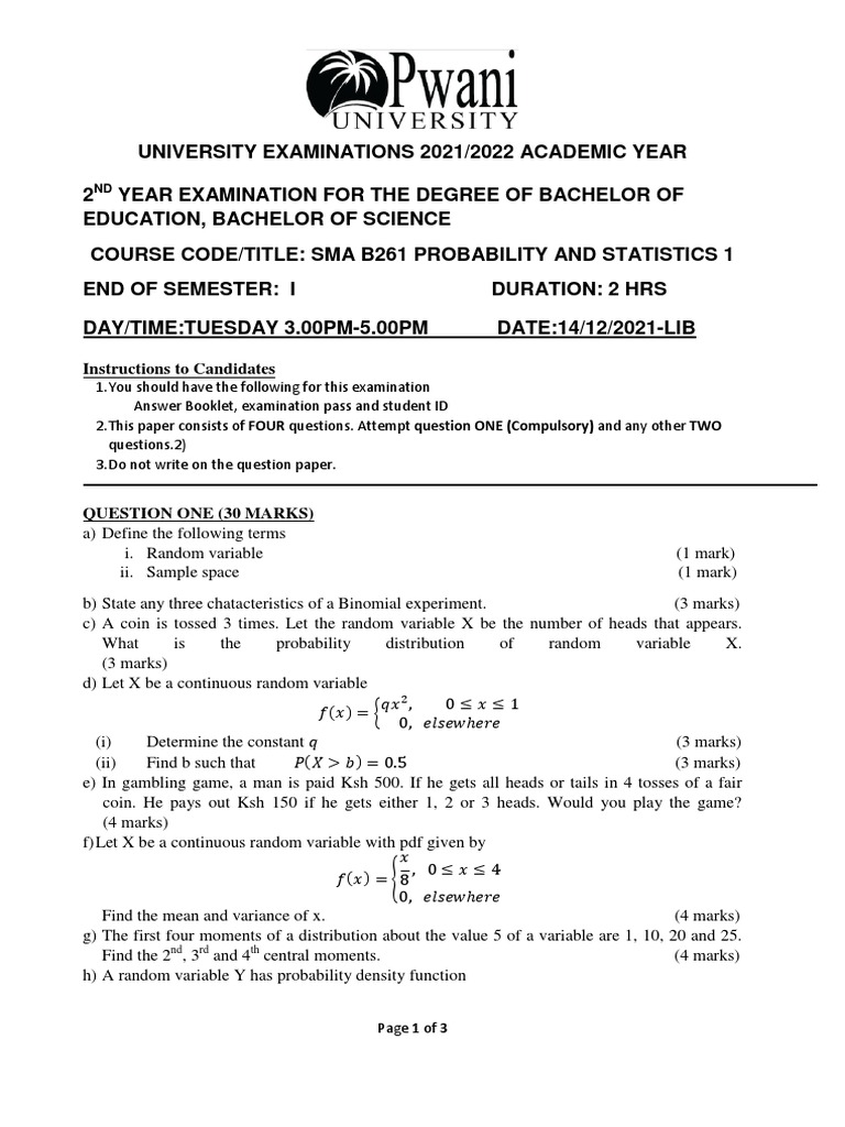 SMA B261-Mutua | PDF | Probability Density Function | Random Variable
