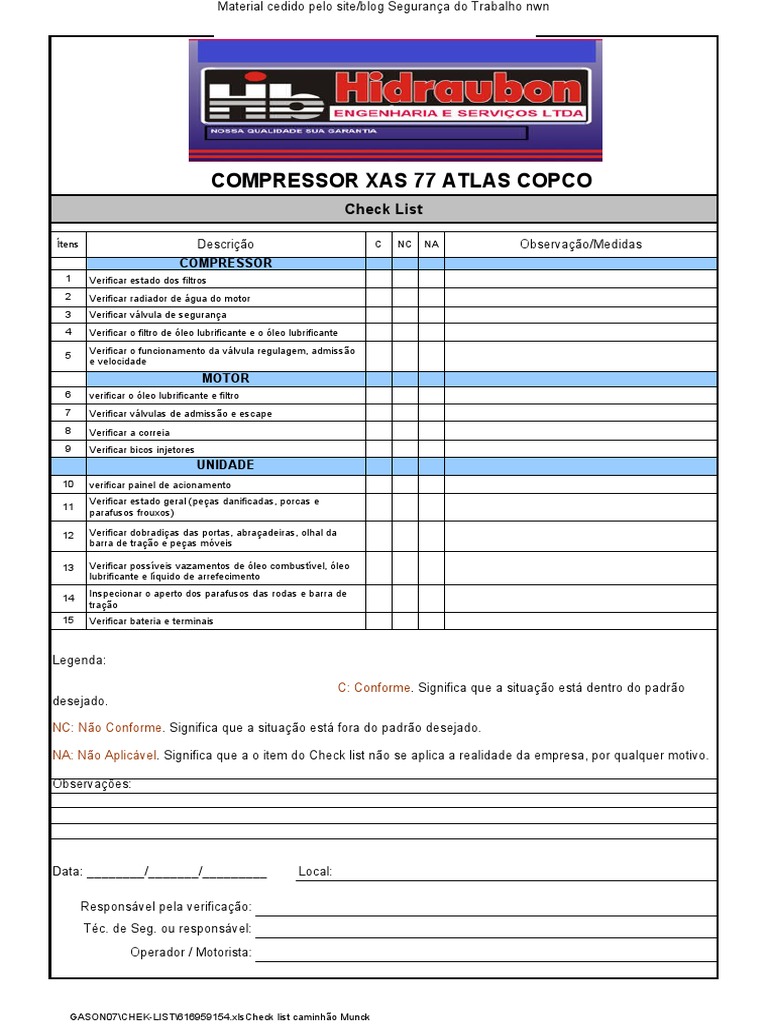 Checklist de inspeção para compressor Atlas Copco XAS 77 | PDF