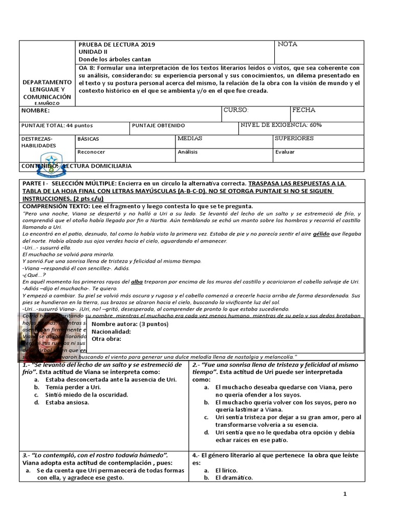 Control de Lectura Donde Los Arboles Cantan | PDF