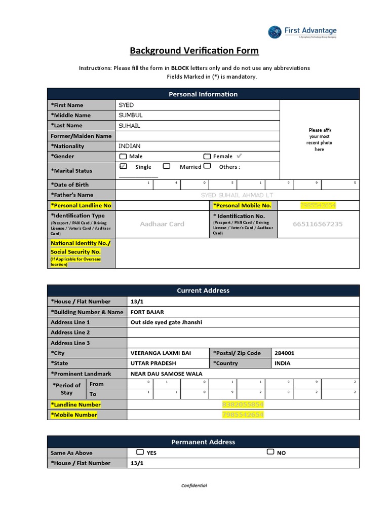 Background Verification Form | PDF | Identity Document | Employment