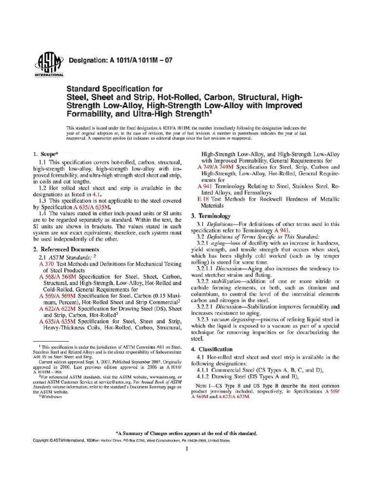 Qdoc - Tips Astm A1011 A1011m 07steel Sheet High Strength Hot | PDF