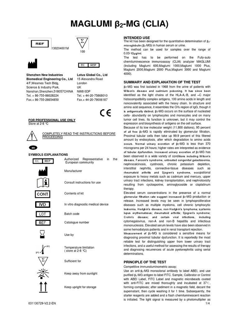 β2-MG CLIA Test Kit Instructions | PDF | Immunoassay | Infection