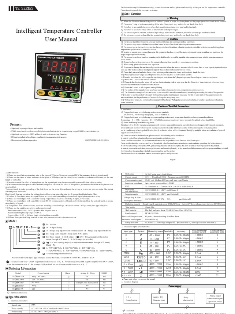 Intelligent Temperature Controller User Manual: Te Series | PDF | Electrical Wiring | Electrical ...