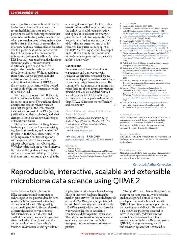 Reproducible, Interactive, Scalable and Extensible Microbiome Data Science Using QIIME 2 | PDF ...