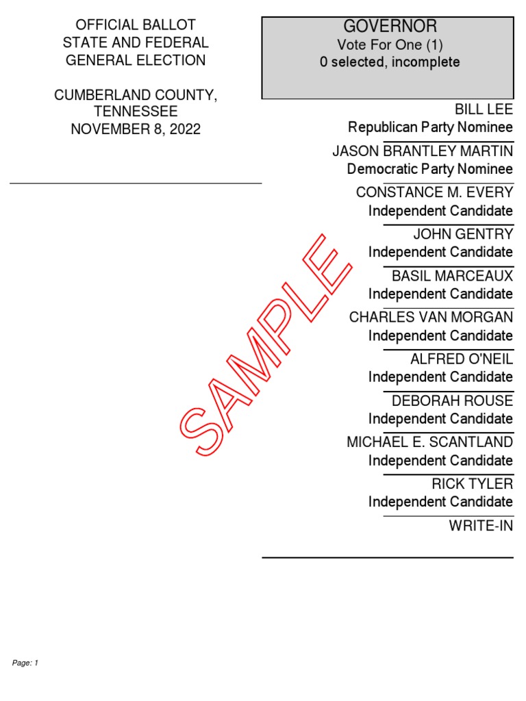 Nov 2022 Sample Ballot | PDF | Speaker (Politics) | Constitution Of Tennessee