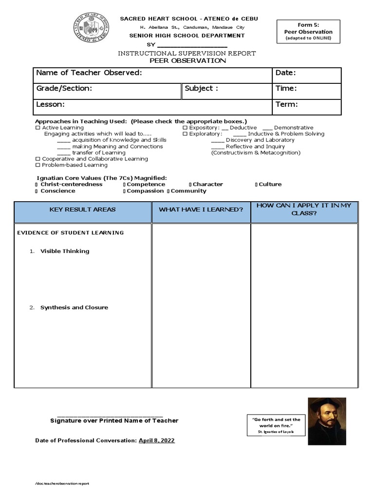 Peer Observation Form Template (Evidence of Student Learning) | PDF