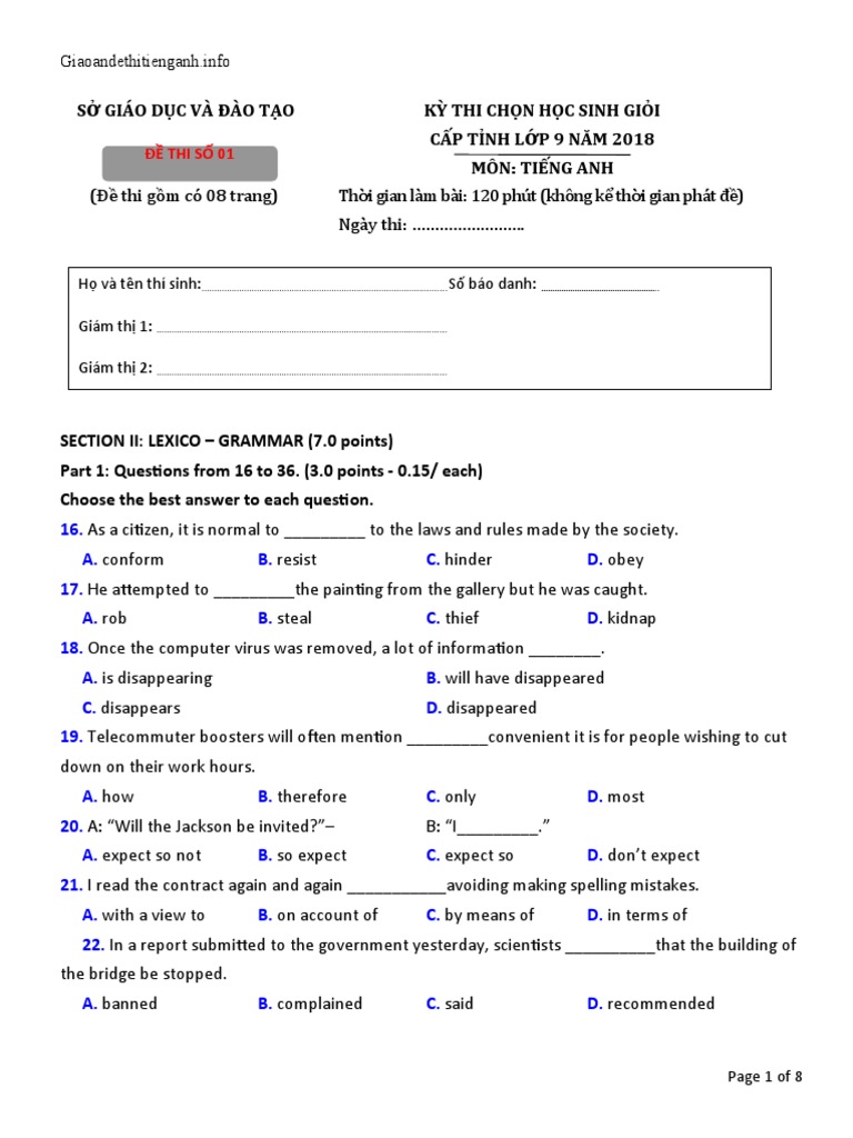 Đề Số 01-HSG Anh 9 | PDF