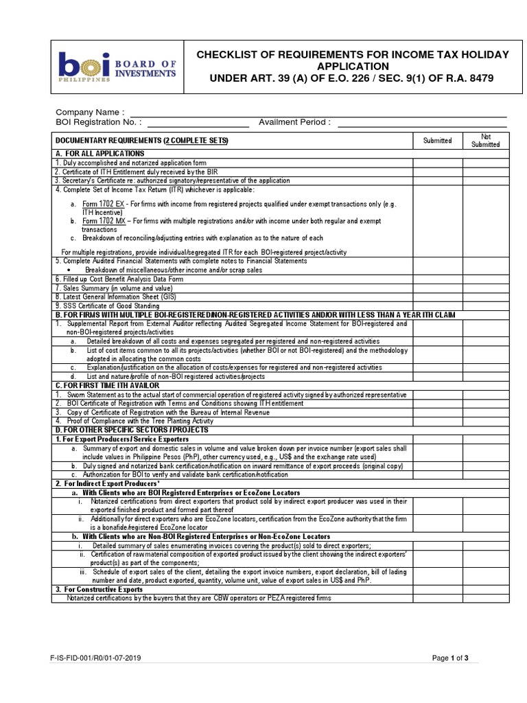 Boi Income Tax Holiday | PDF