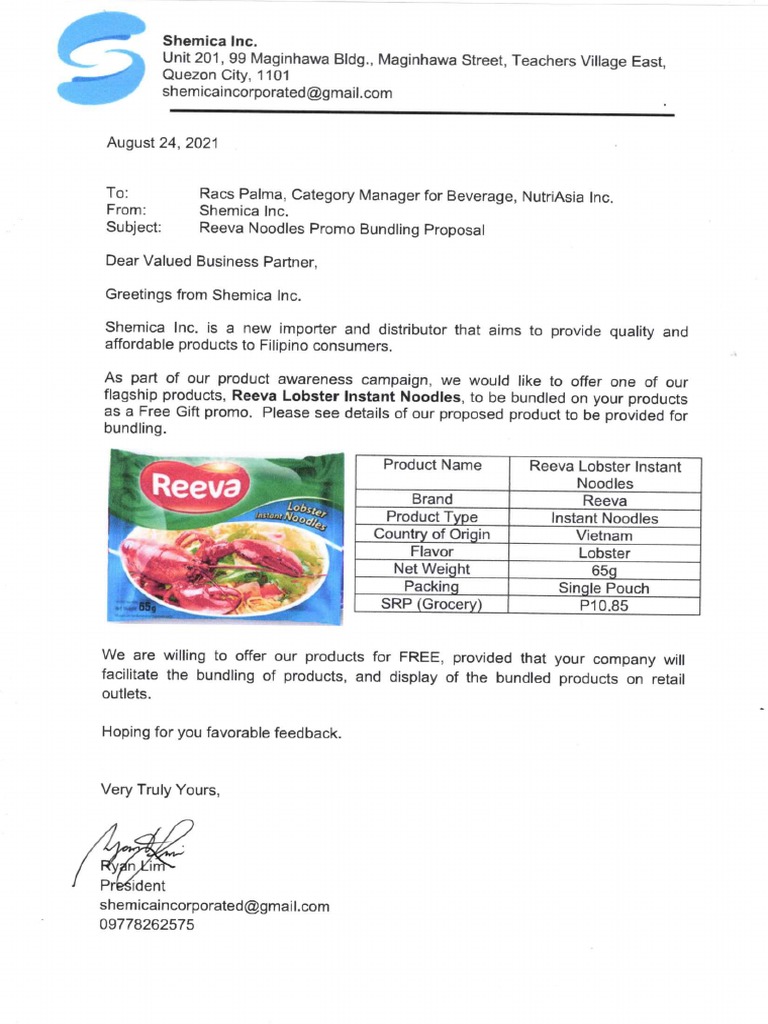 Proposal Letter - Product Bundling - NutriAsia - 20210824 | PDF