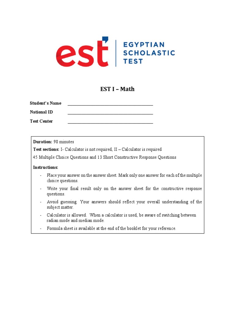EST I - Math - August 2021 | PDF