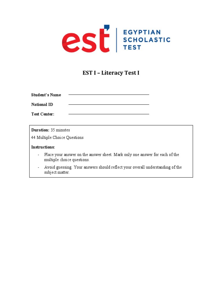 EST I Literacy Test Overview | PDF | Sleep | Multiple Choice