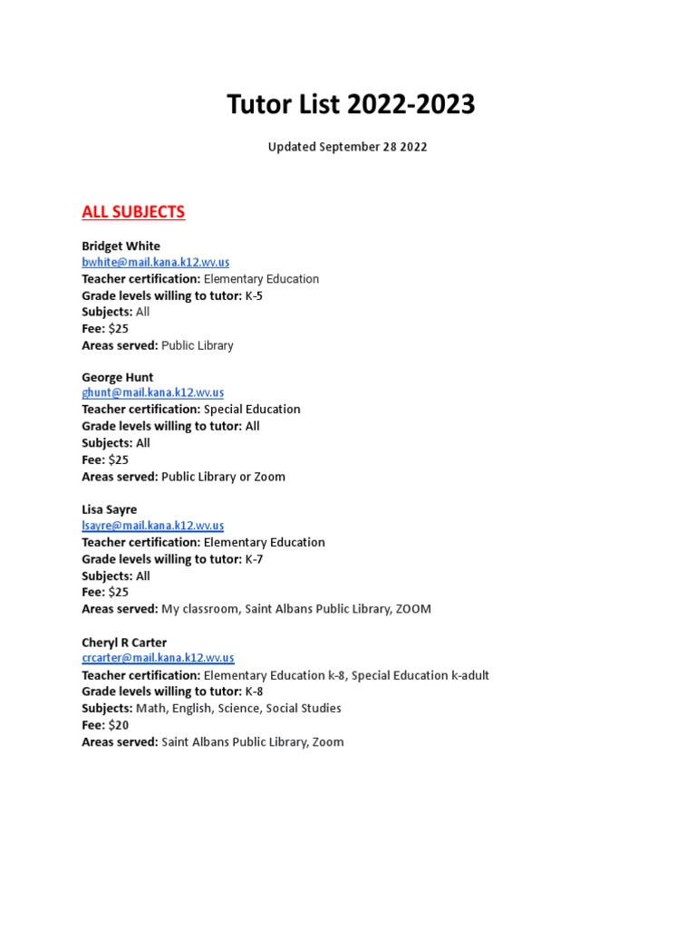 KCS Tutor List 2022-2023 | PDF