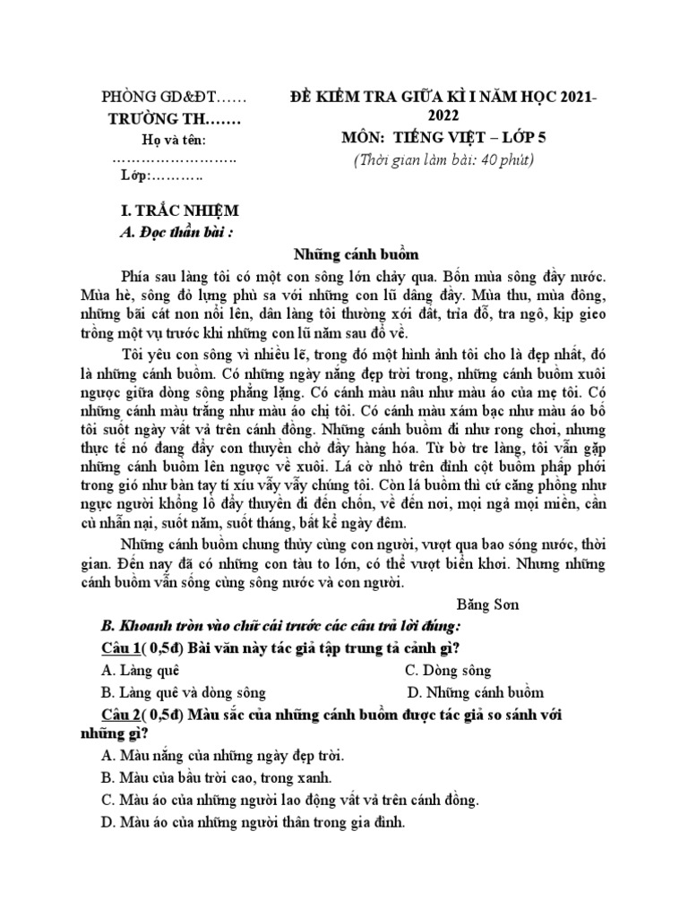 De Thi Giua Ki 1 Lop 5 Mon Tieng Viet Nam 2021 de 4 8 | PDF