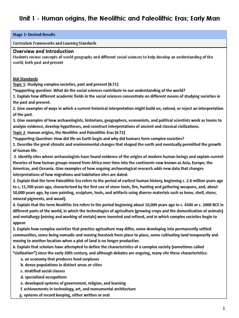 Unit 1, Grade 7 - Early Man | PDF | Neolithic | Paleolithic