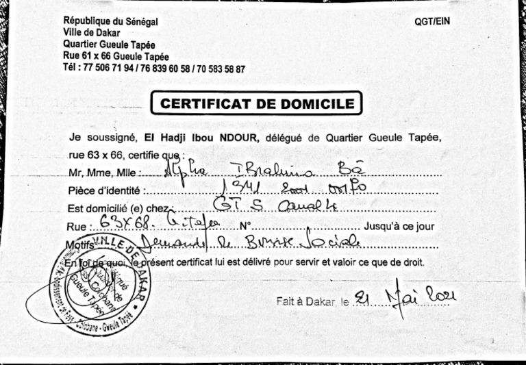 Certificat de Domicile | PDF