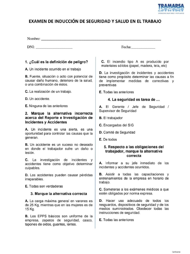 Examen de Inducción de SST | PDF Examen de Inducción de SST | PDF