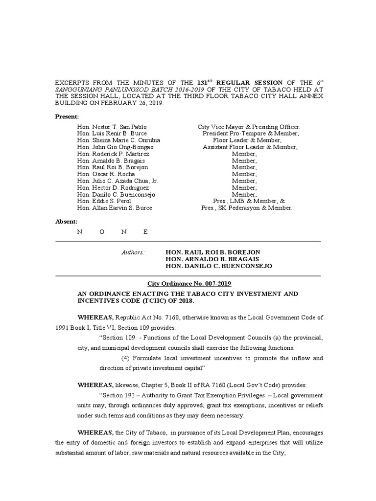 City Ordinance No. 007 2019 Enacting The Local Investment and Incentive ...