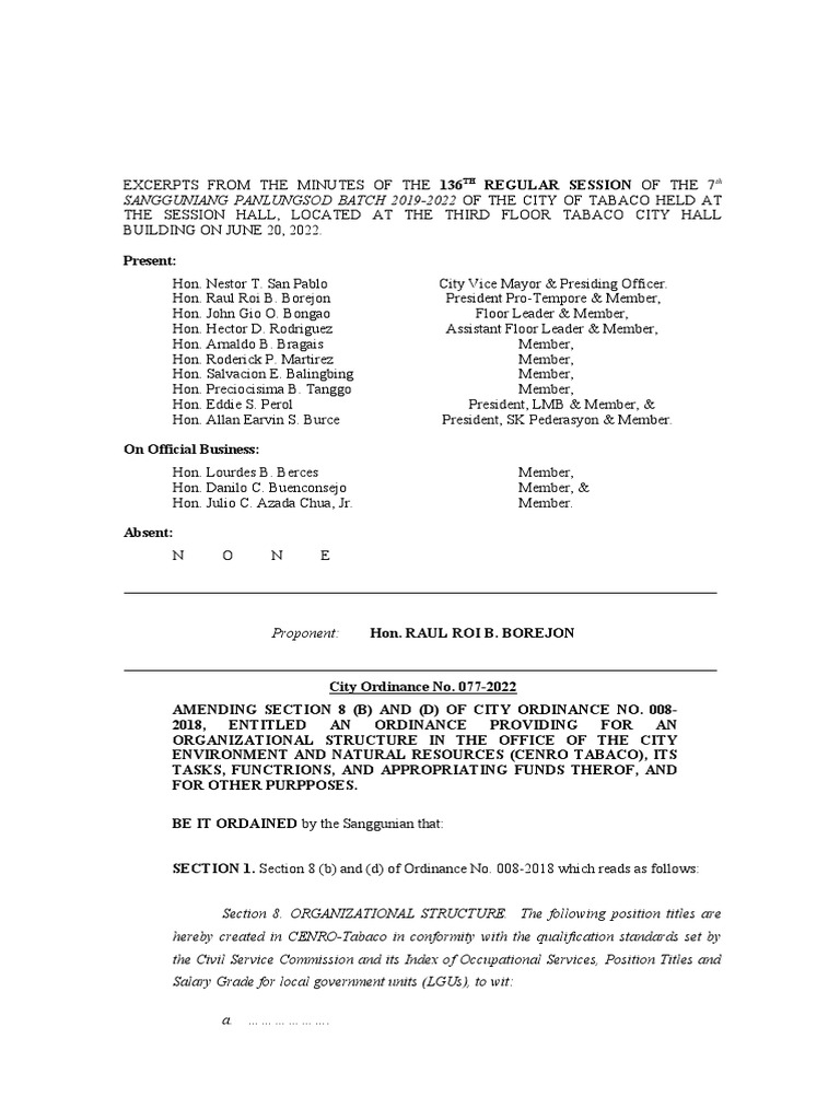 City Ordinance No. 077 2022 Amending Sec. 8 B of Ord. No. 008 2018 | Download Free PDF | Justice ...