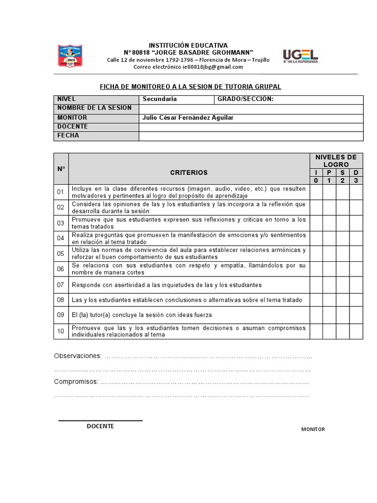 Ficha de Monitoreo A La Sesion de Tutoria Grupal | PDF