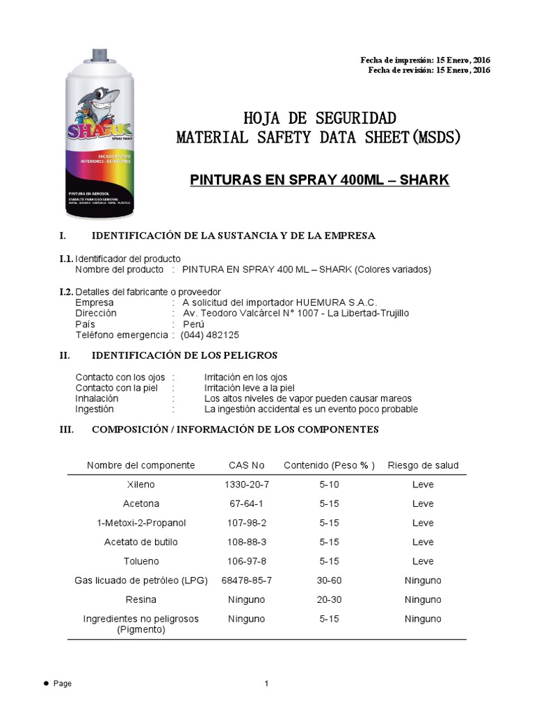 Hoja de Seguridad - Pinturas Spray 400ml Shark - Español | PDF