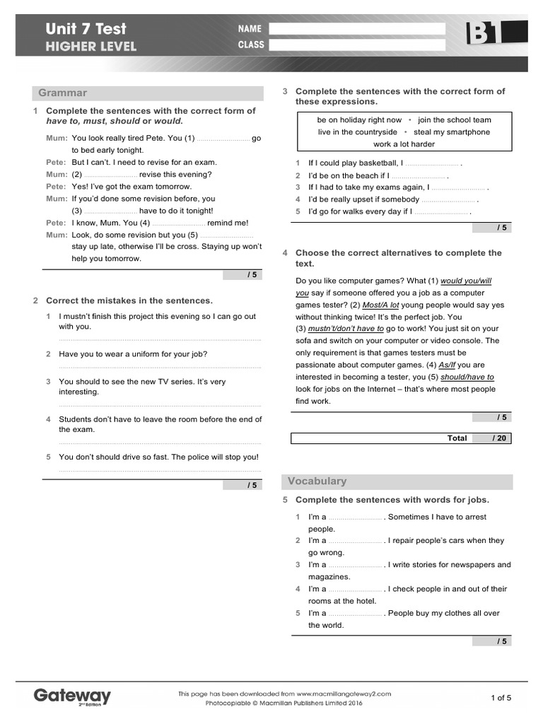 Test B1 Unit 7 HIGHER | PDF | Ellipsis