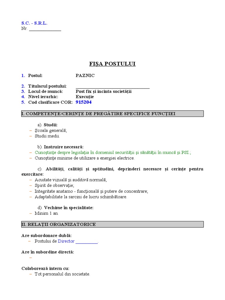 Fisa Post Paznic | PDF