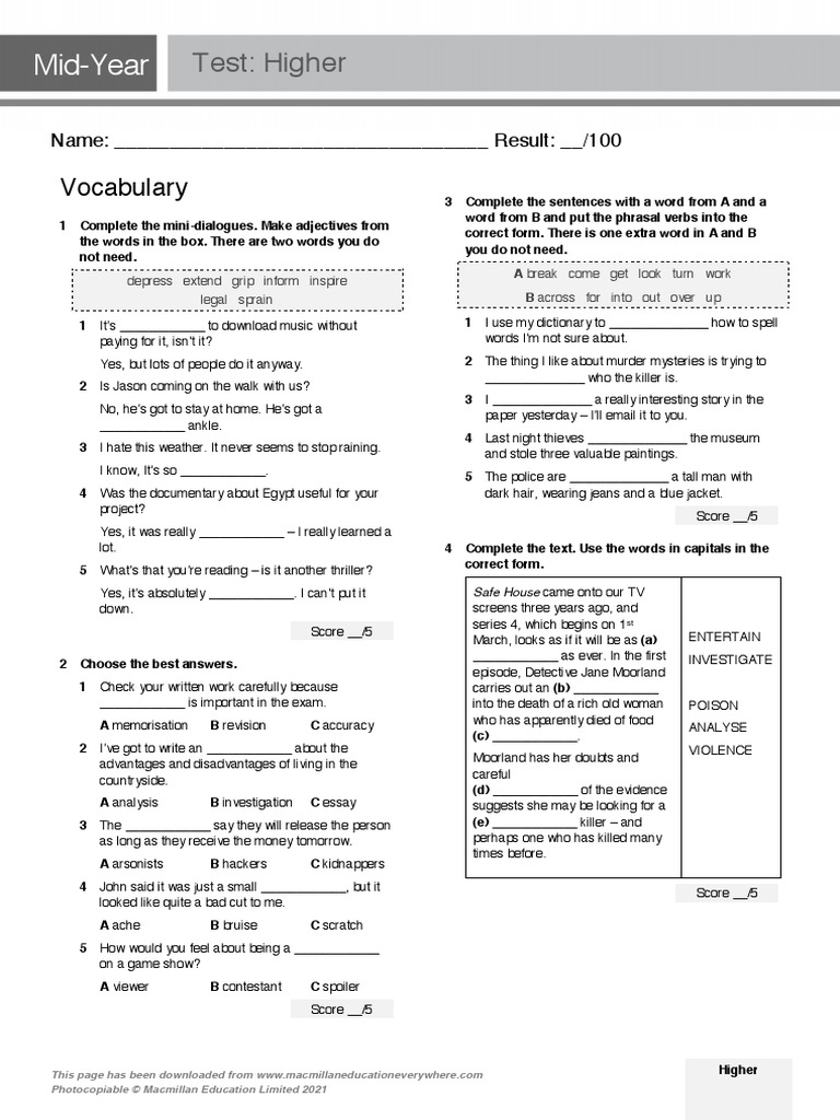B1 Mid-Year Test Higher | PDF