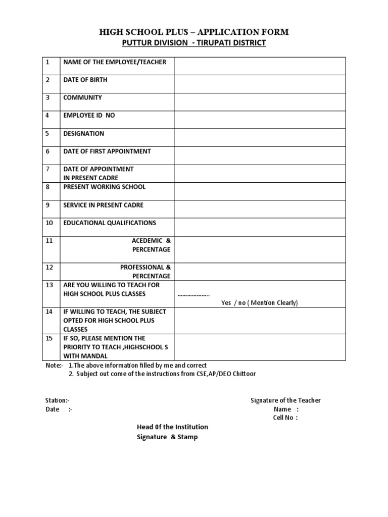 Application for Teachers Willing to Teach High School Plus Classes in ...