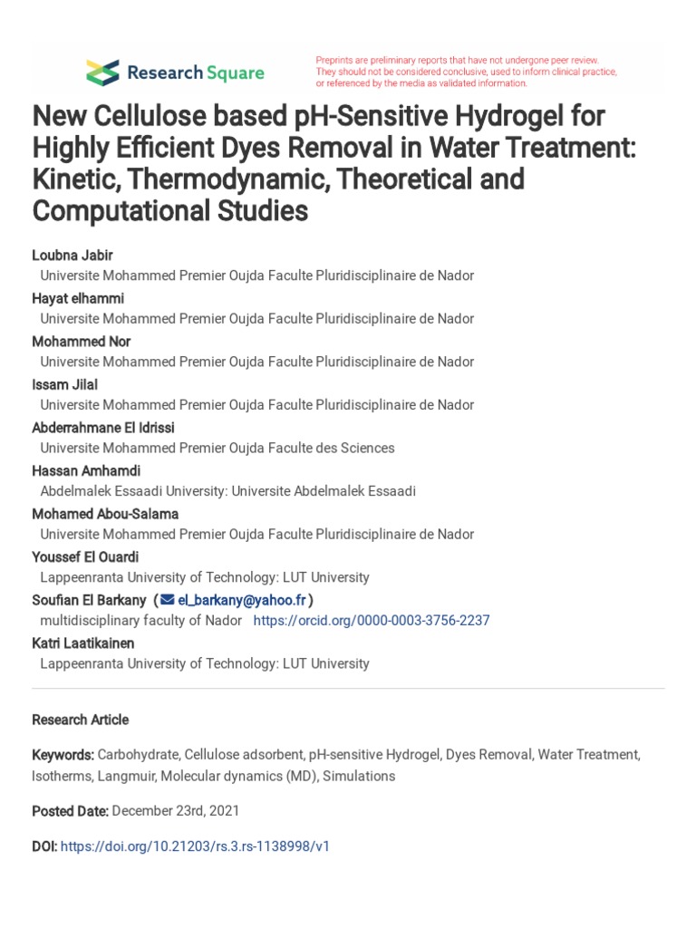 New Cellulose Based pH-Sensitive Hydrogel For High | PDF | Adsorption | Chemistry
