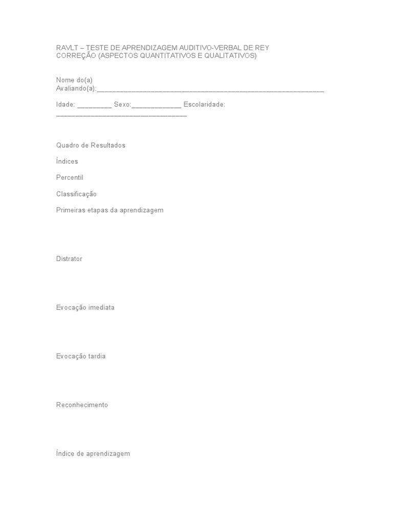 RAVLT Teste de Aprendizagem Auditivo Verbal - Folha de Correção | PDF