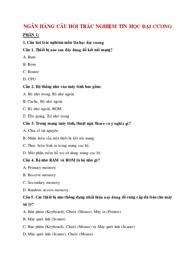 230 Cau Hoi de Thi Trac Nghiem Tin Hoc Dai Cuong Co Dap An Vieclamvui | PDF