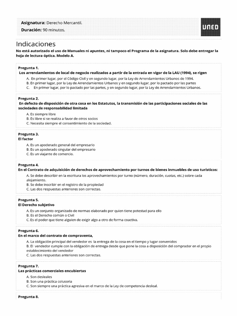 Examen Derecho Mercantil UNED - 2022 A | PDF