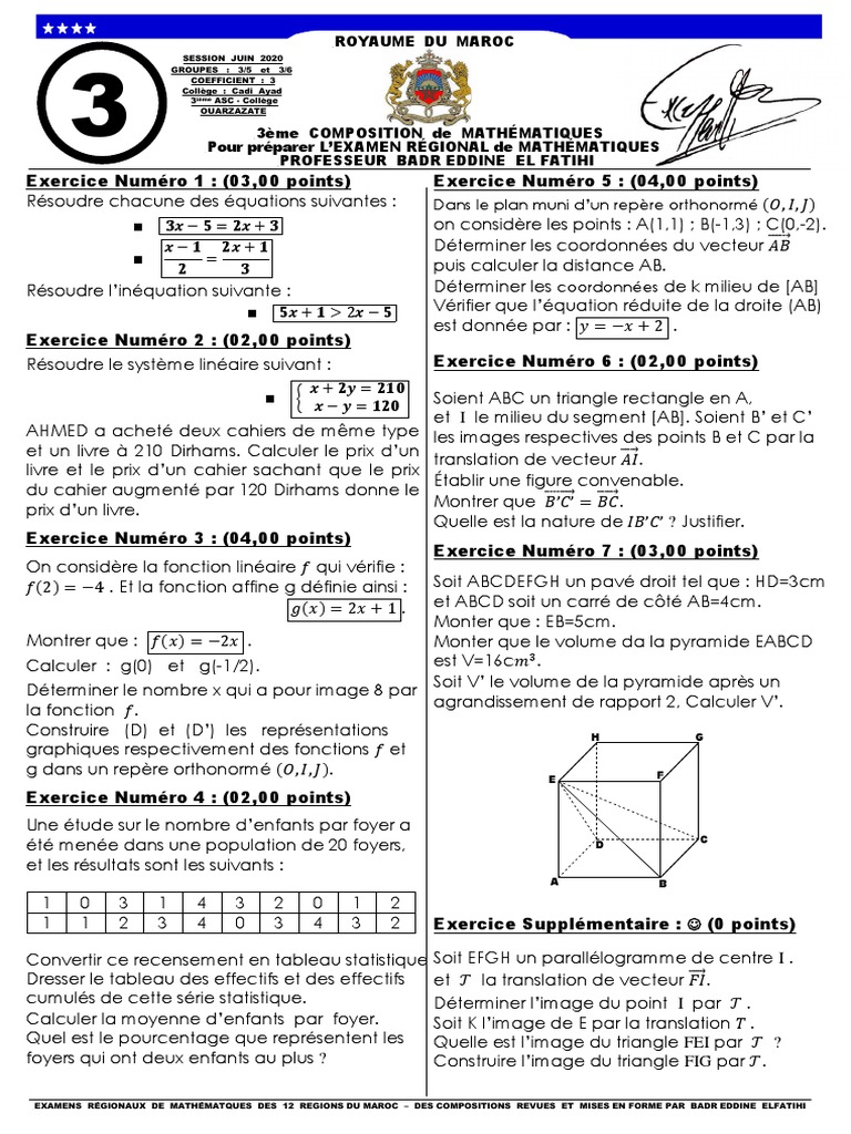 Examen Régional Math 3AC 2024 | PDF | Coordonnées cartésiennes | Le volume