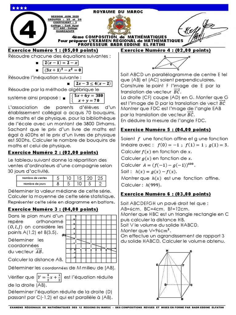 Examens Certifications 3e College Professeur | PDF | Coordonnées cartésiennes | Le volume