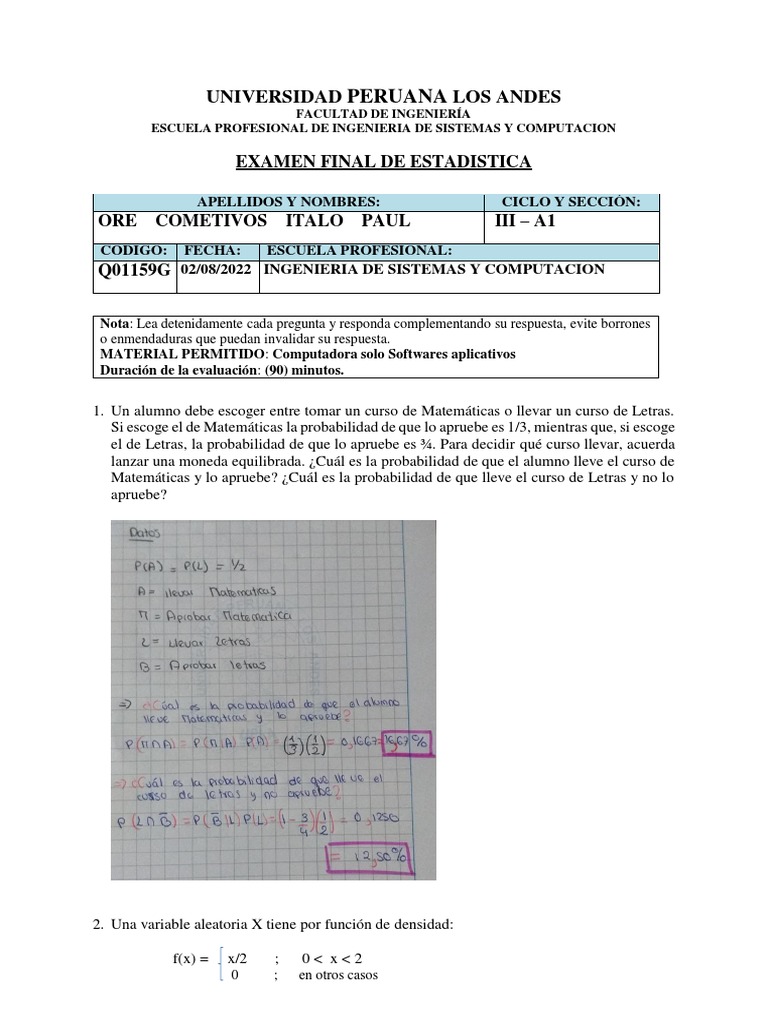 Examen Final de Estadistica 2022 I | PDF