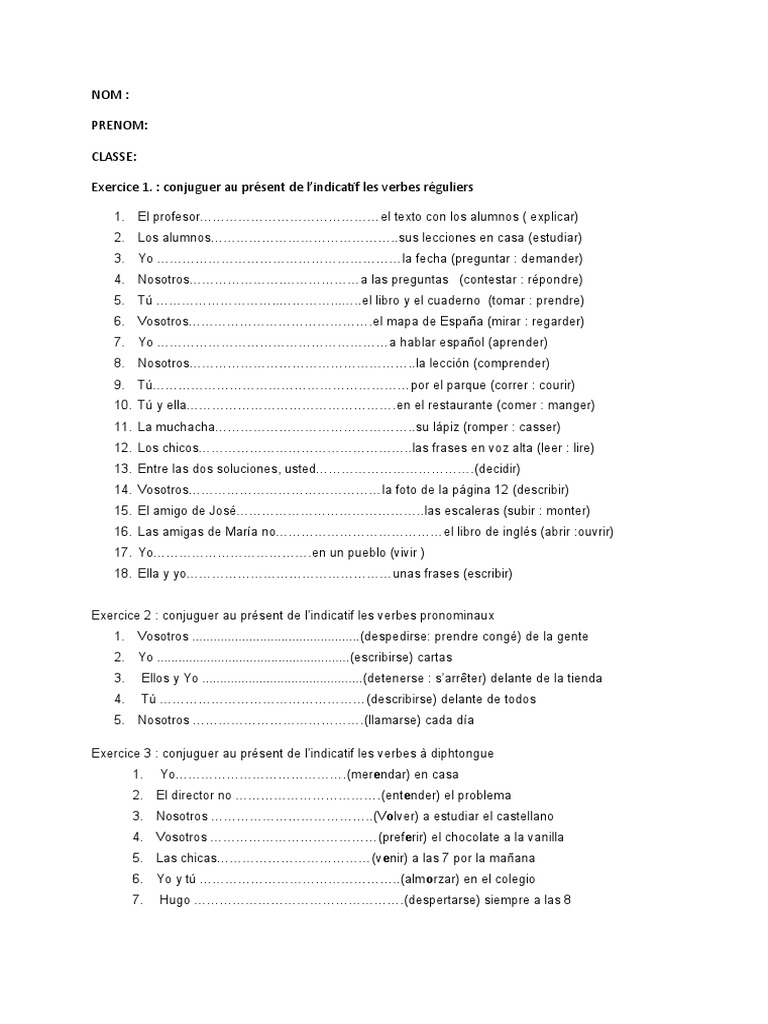 Exercices de conjugaison au présent | PDF | Artes del Lenguaje y ...