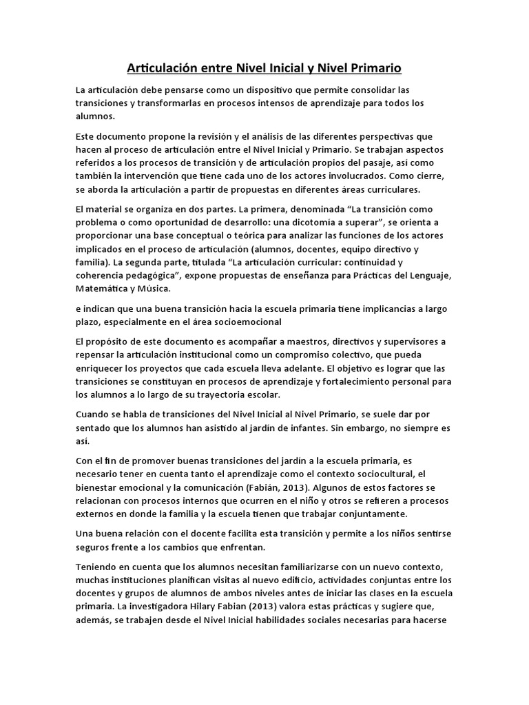 Articulación Entre Nivel Inicial y Nivel Primario | PDF | Educación de ...