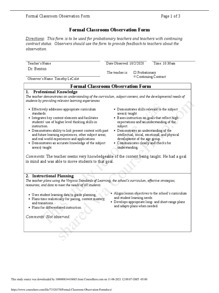 Formal Classroom Observation Form | PDF | Differentiated Instruction | Educational Assessment