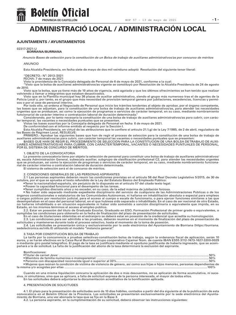 Anuncio BOP Bases Convocatoria Bolsa de Trabajo de Auxiliares Administrativos - As | PDF ...