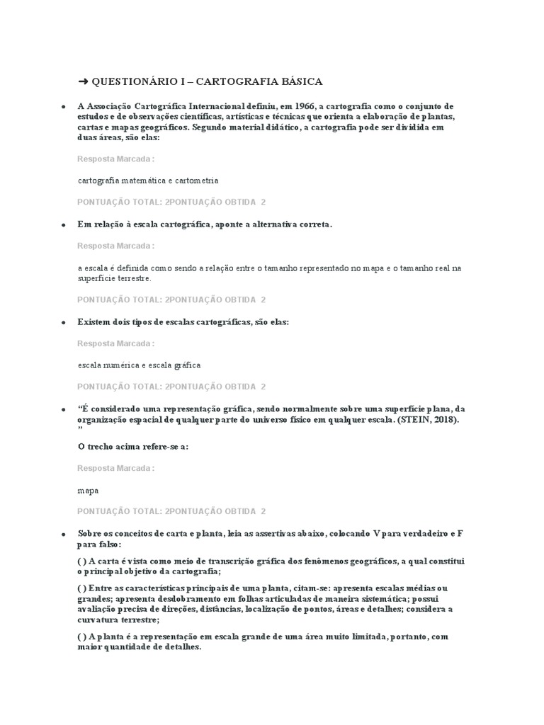Questionário I - Cartografia Básica | PDF | Cartografia | Mapa