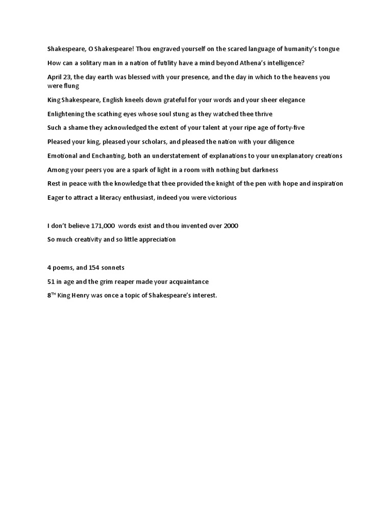 Acrostic Poem Shakespeare | PDF