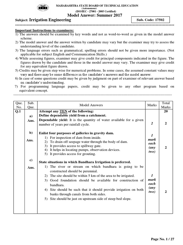 WRE 2017 Summer Model Answer Paper | PDF | Dam | Spillway