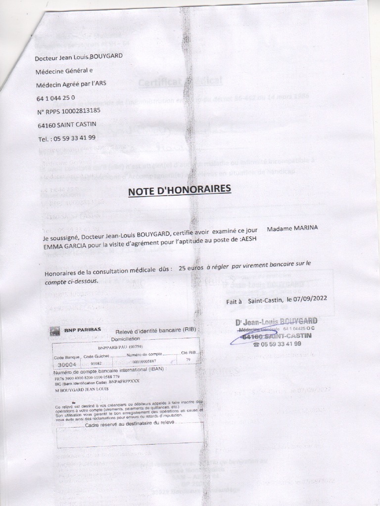 Note d’Honoraires Visite Médicale | PDF
