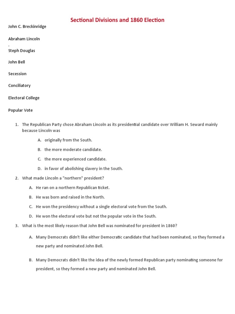 Election of 1860 Worksheet | PDF